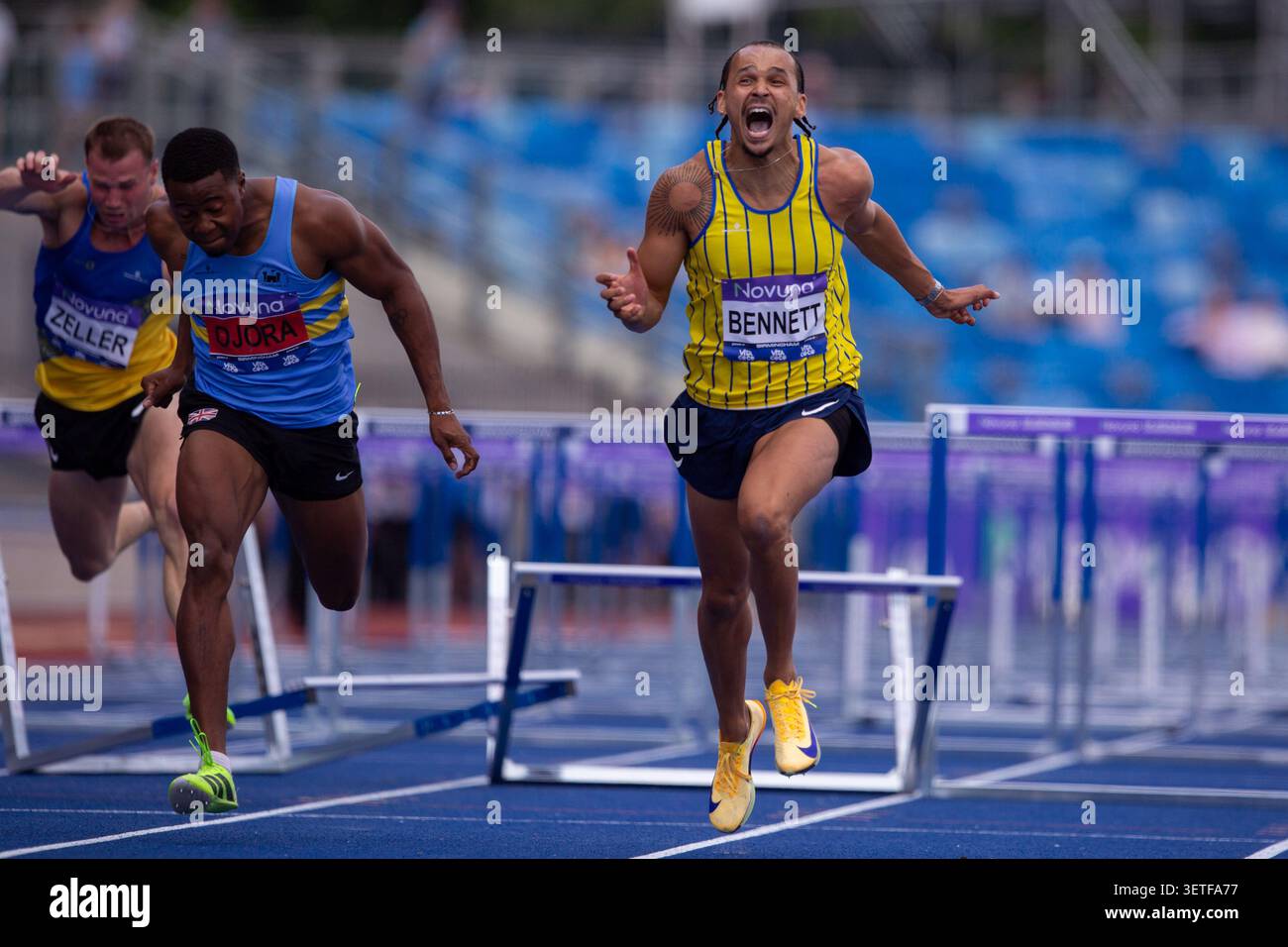 Samuel Bennett wins the Mens 110m Hurdles final at the UK Athletics ...