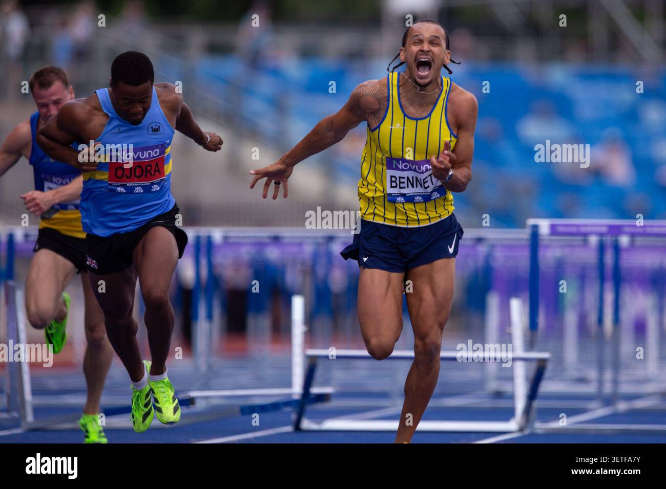 Samuel Bennett wins the Mens 110m Hurdles final at the UK Athletics ...