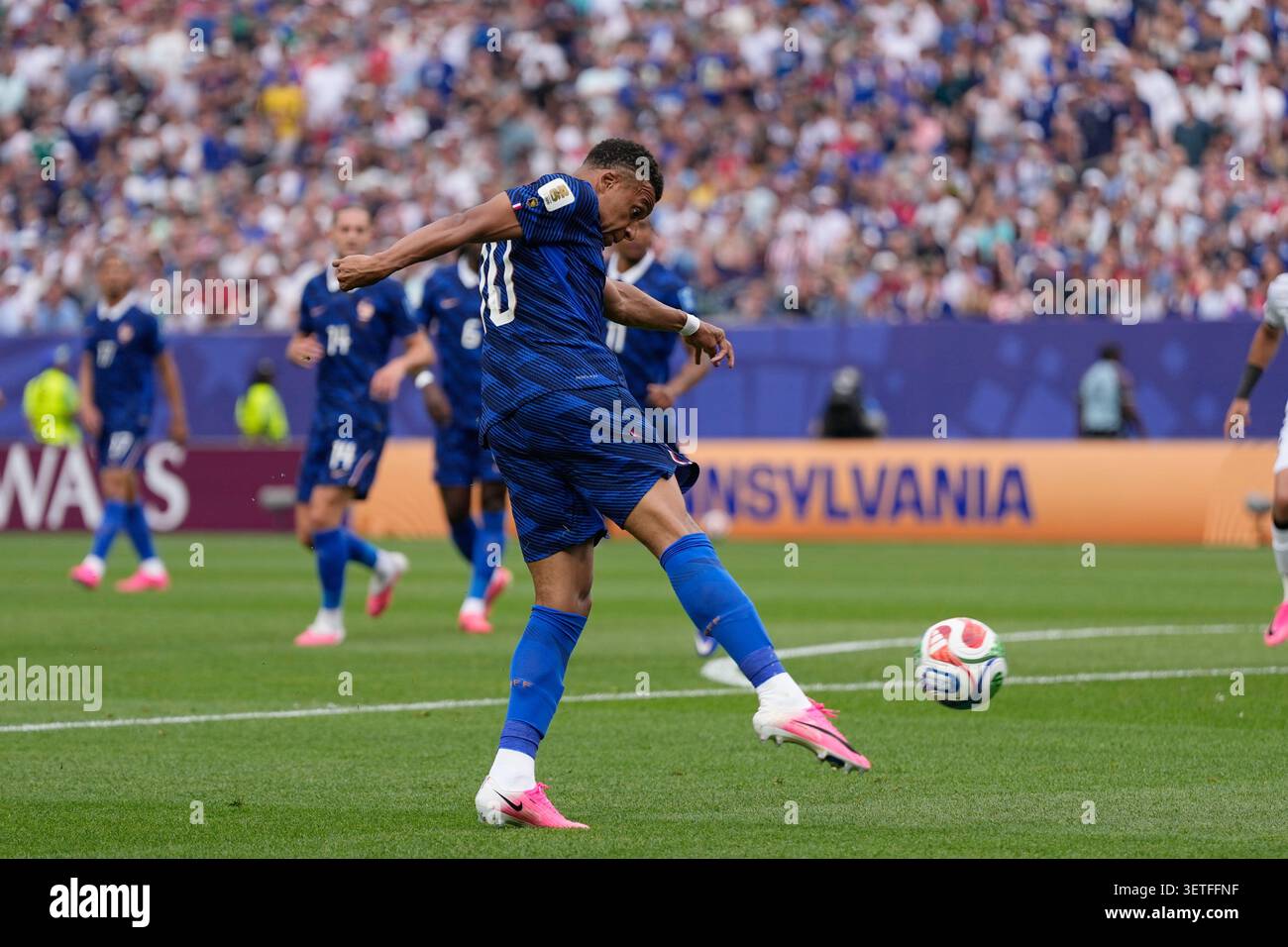 France's Kylian Mbappe attempts a shot on goal during the World Cup ...