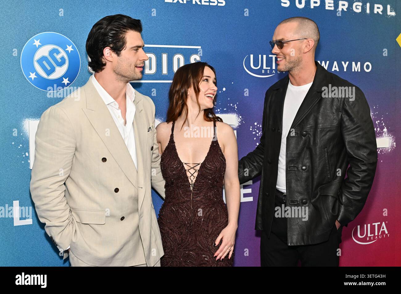 David Corenswet, from left, Rachel Brosnahan, and Nicholas Hoult attend ...