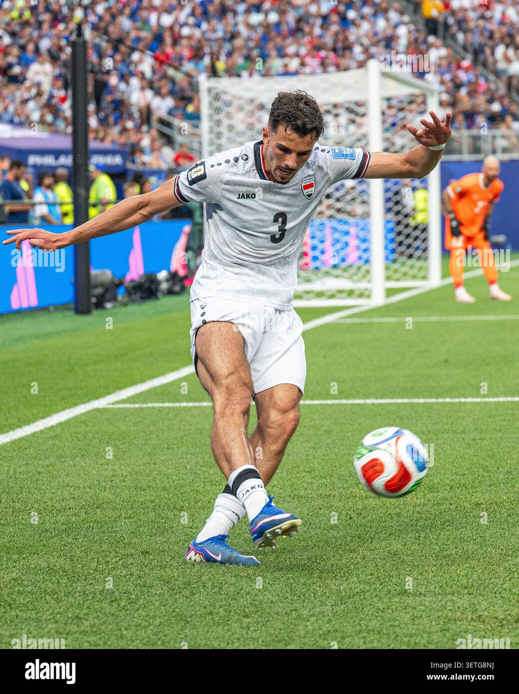 Ali Hussein (#3) of Iraq clears the ball during the France vs. Iraq ...