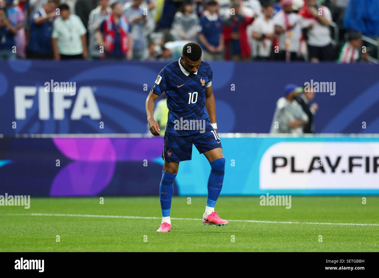 Kyllian MBAPPE of France inspecting the pitch during the training ...