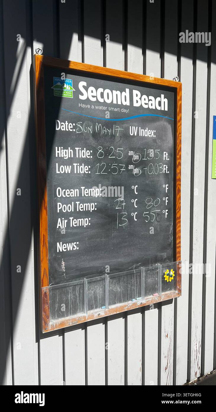Vancouver, Canada - May 17, 2026: Hand-lettered Second Beach chalkboard ...