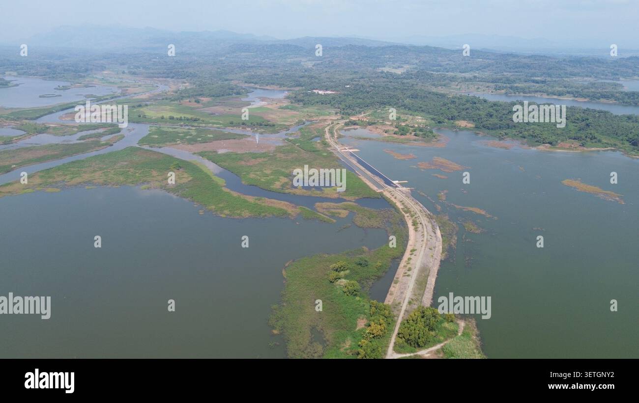 Aerial view of Gajah Mungkur reservoir and dam, Wonogiri, Central Java ...