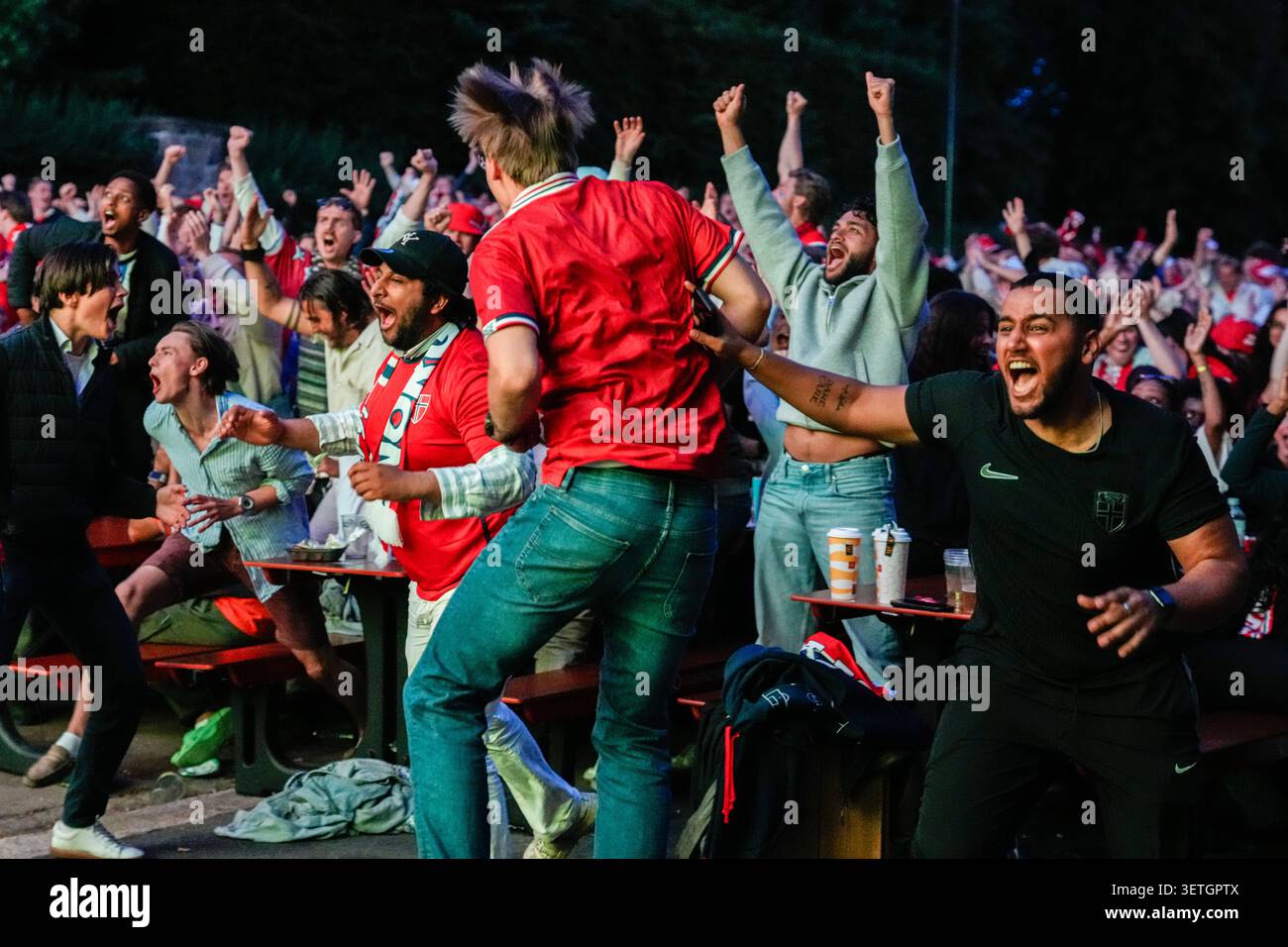 Oslo 20260623. Jubilation after Norway's goal at a football party ...