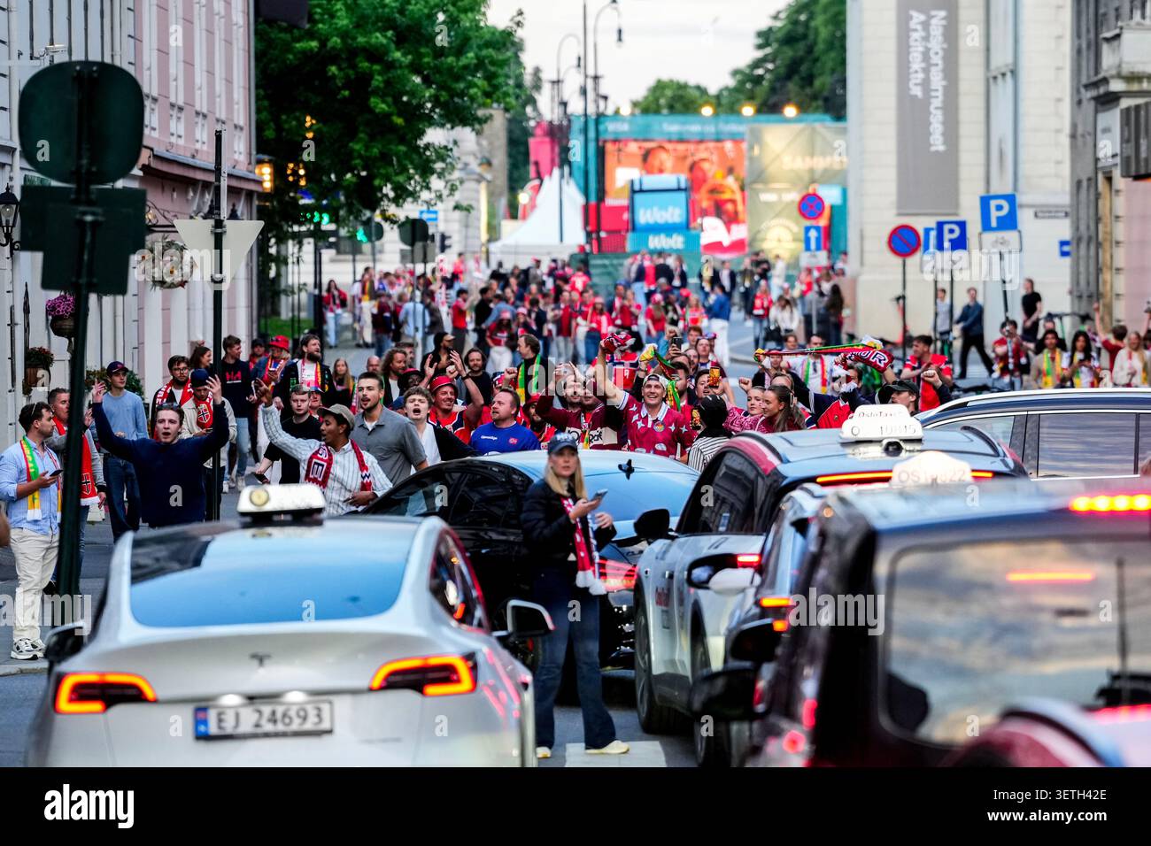 Oslo 20260623. People on their way home from a football party after the ...
