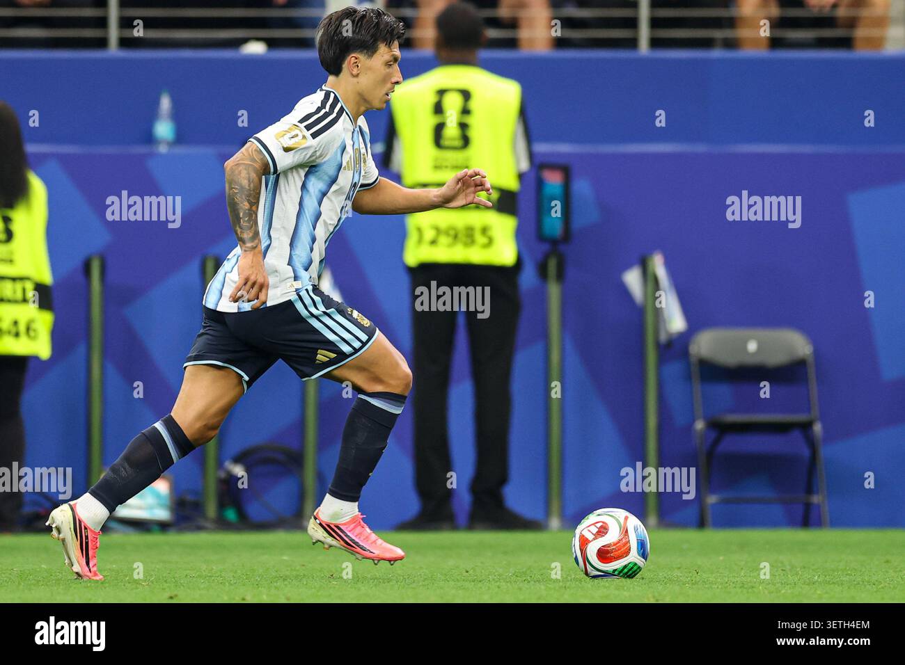 Argentina's Lisandro Martinez running forward with the ball during the ...