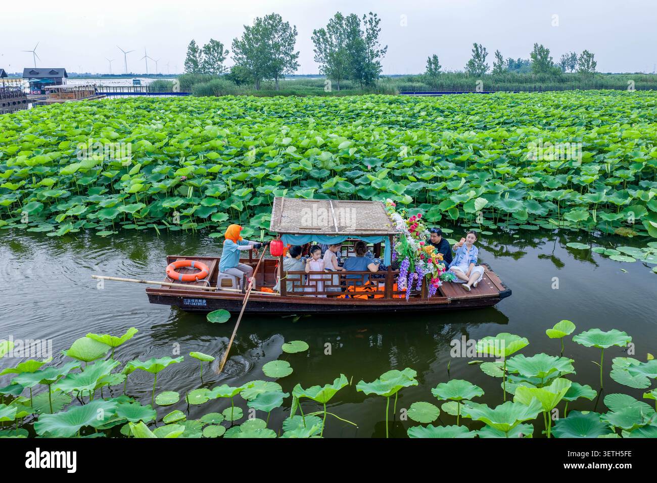 Tourists ride rafts through lotus-filled waterways in Xinghua, east ...