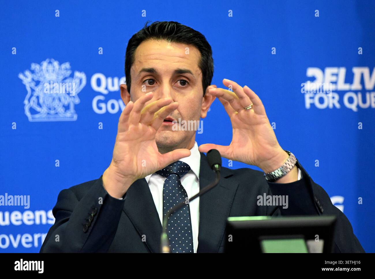 Queensland Premier David Crisafulli is seen talking to the media before ...