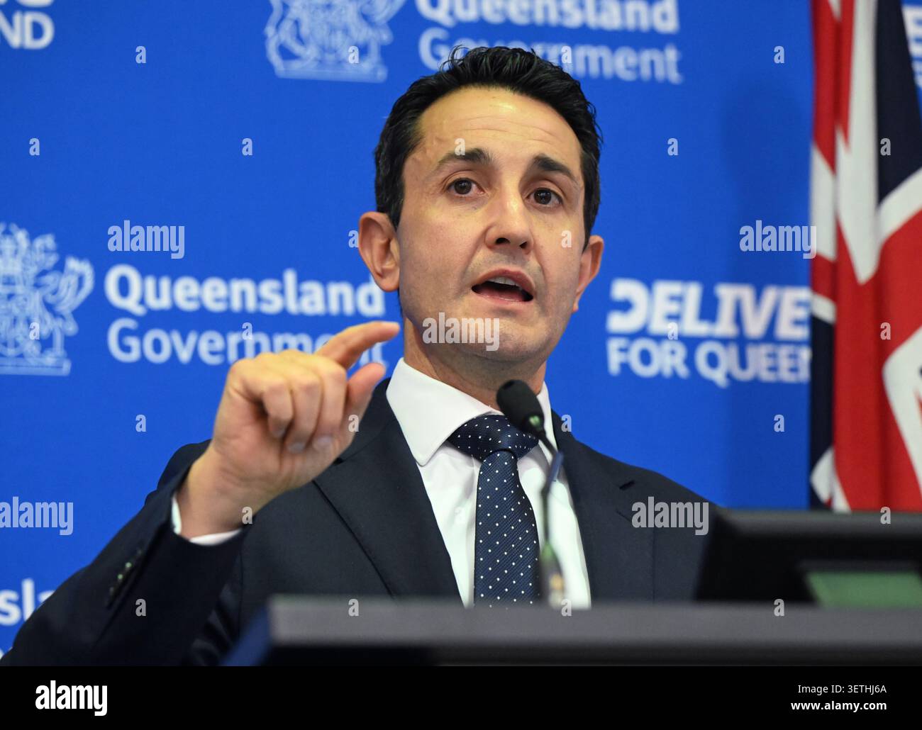 Queensland Premier David Crisafulli are seen talking to the media ...