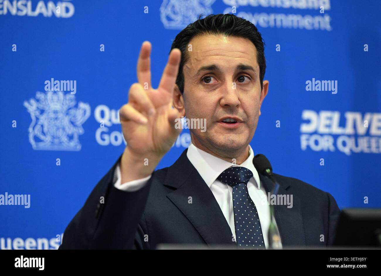 Queensland Premier David Crisafulli is seen talking to the media before ...