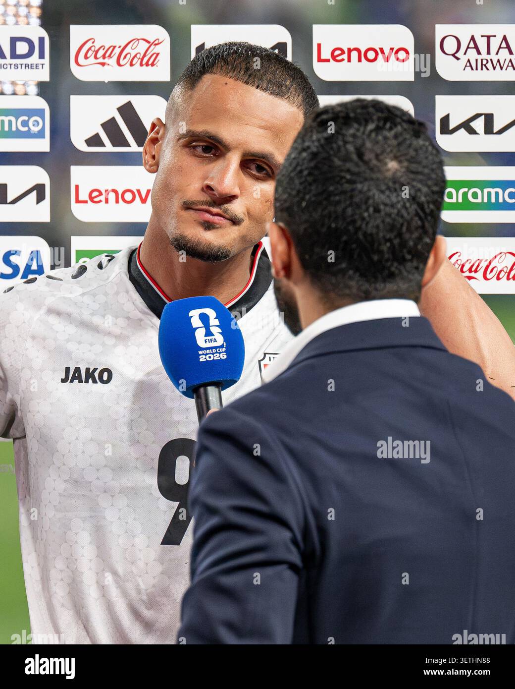 ALI ALHAMADI (#9) of Iraq is interviewed after the match versus France ...