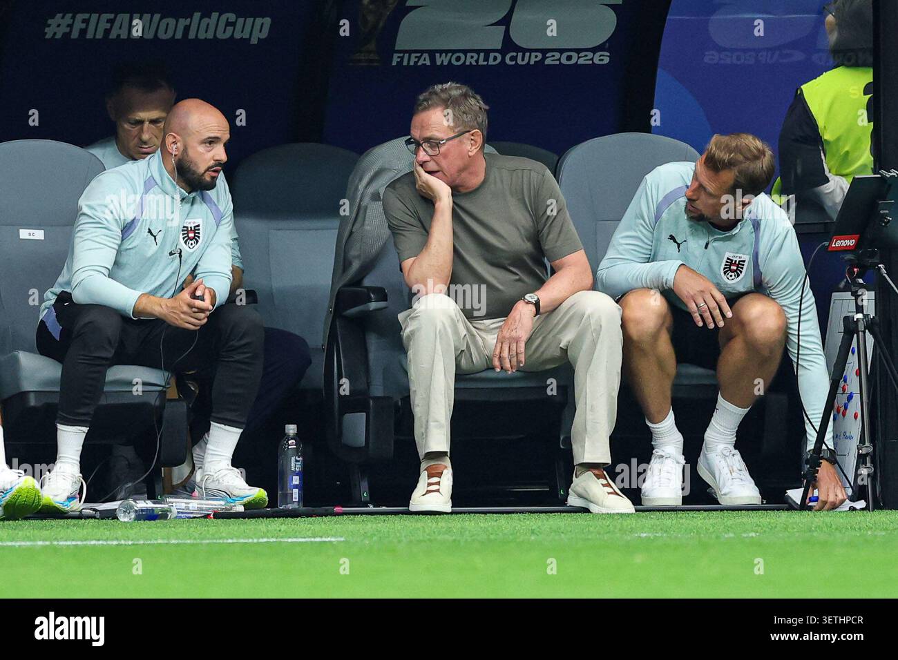 Austria's headcoach, Ralf Rangnick sitting on the bench during the FIFA ...