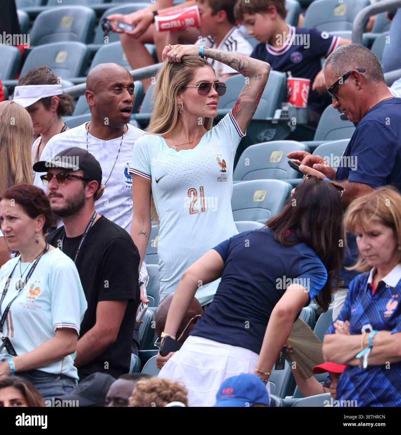 Victoria Triay, wife of France's defender #21 attend the France vs Iraq ...