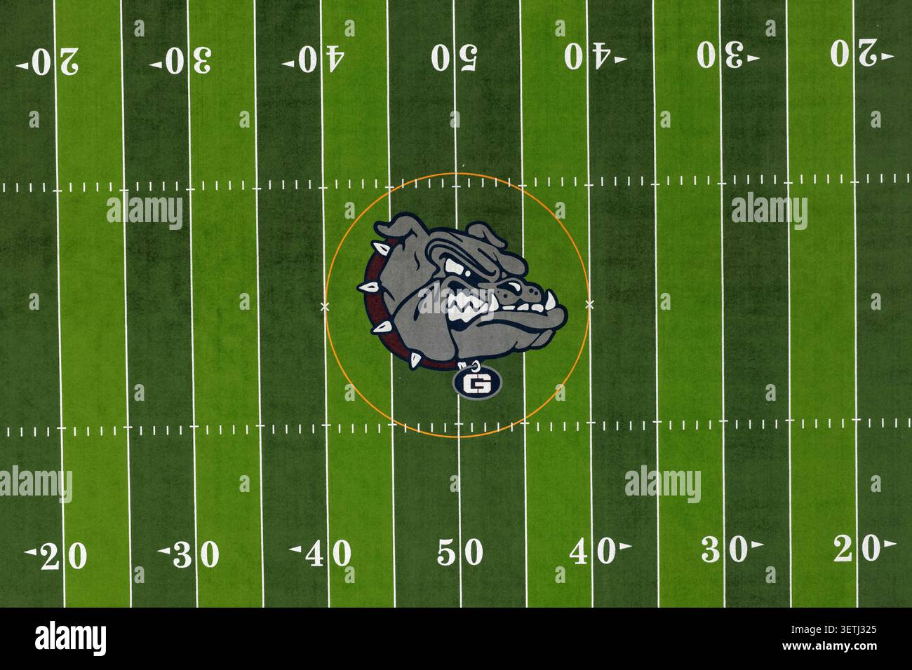 An aerial view of the Bulldogs logo on the East LA Garfield High School ...