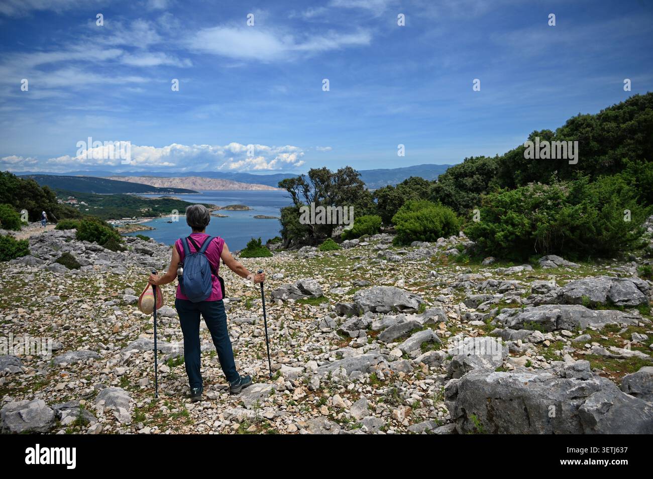 Rear view of senior woman hiking on the mountain with beautiful view on ...