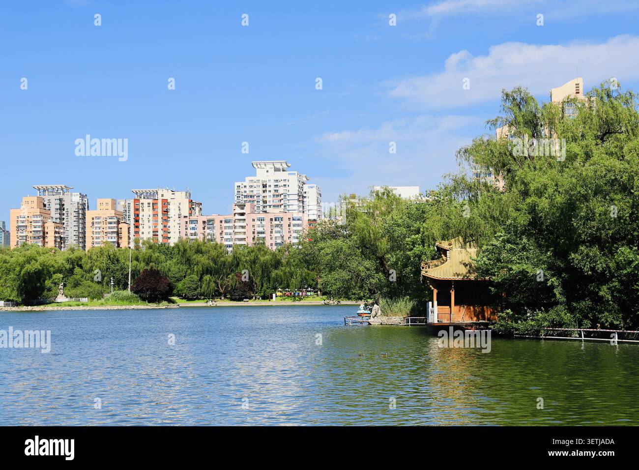 Visitors enjoy boating in Longtan Park with a view of China Zun in ...