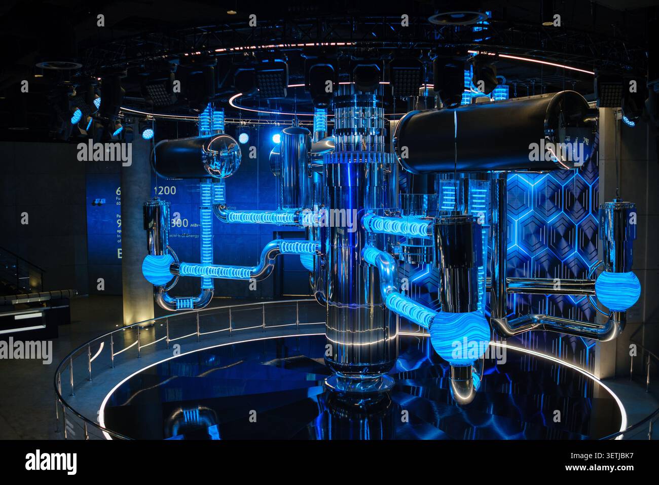 Water-to-water power reactor model featuring metallic pipes and blue ...