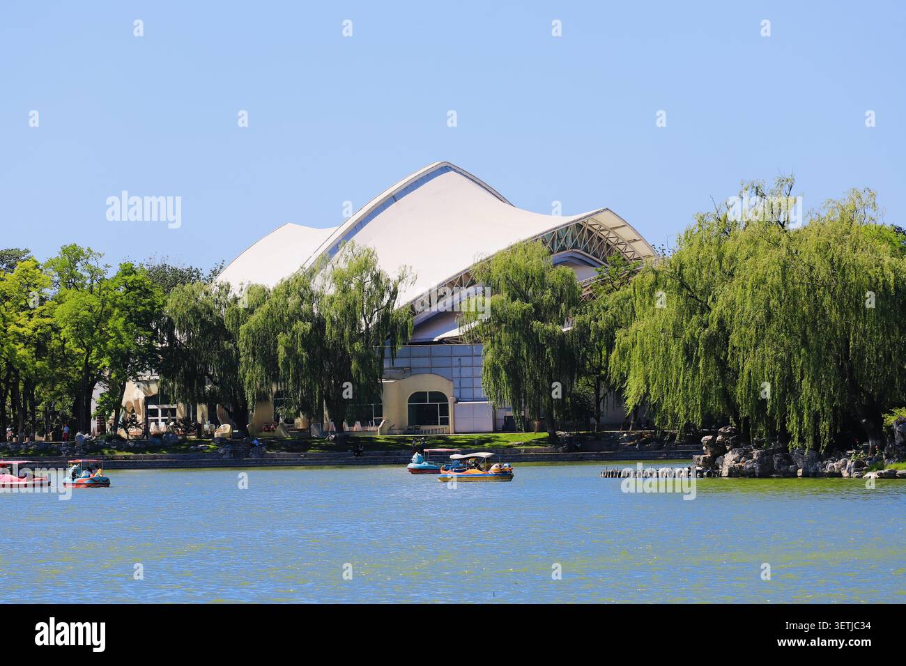 Visitors enjoy boating in Longtan Park with a view of China Zun in ...