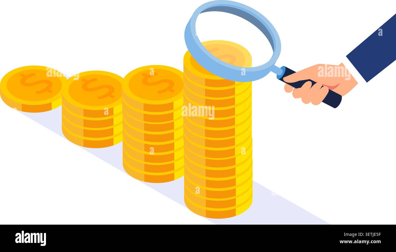 A hand holding a magnifying glass inspects growing stacks of gold ...