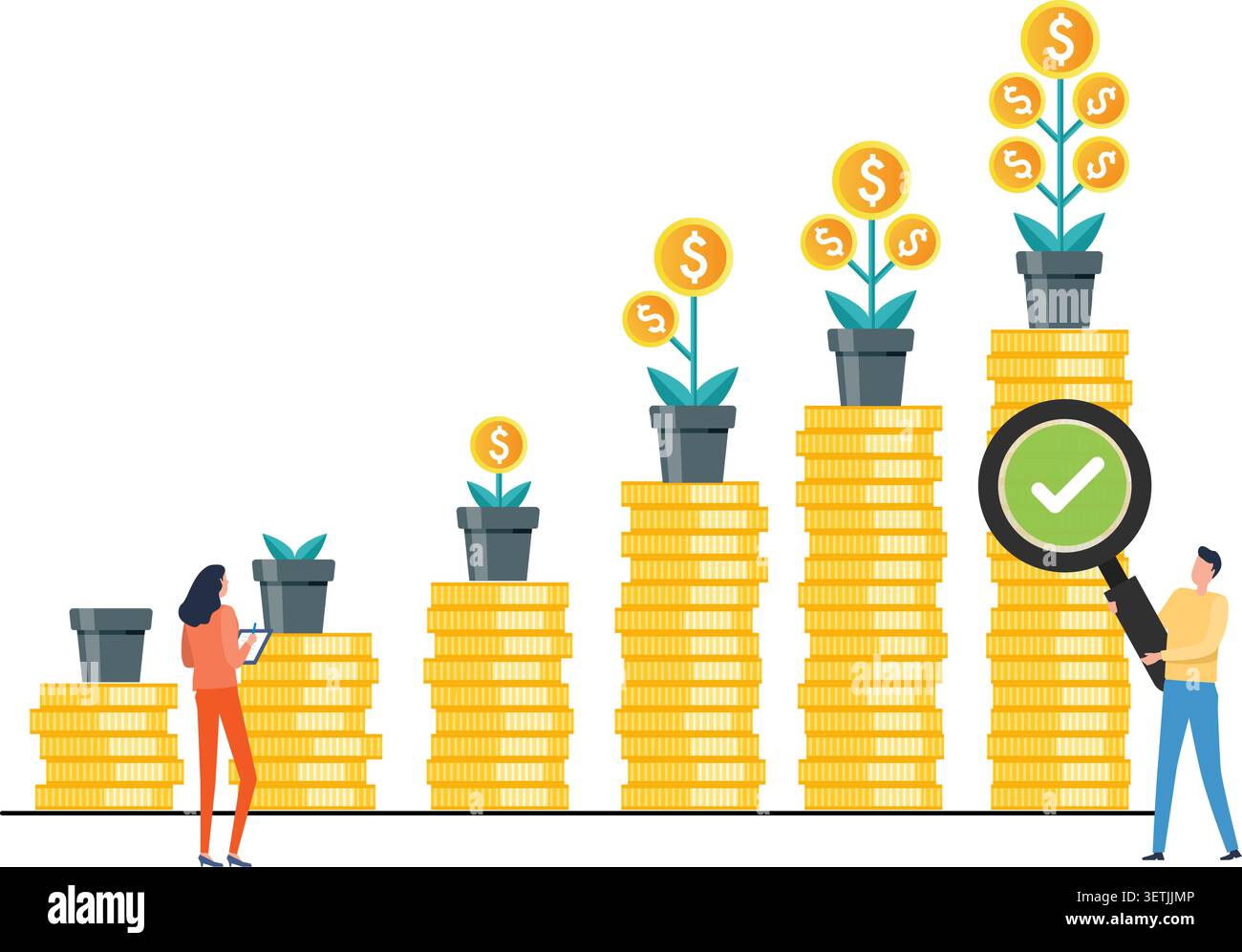 People monitoring growing plants on stacks of coins representing ...