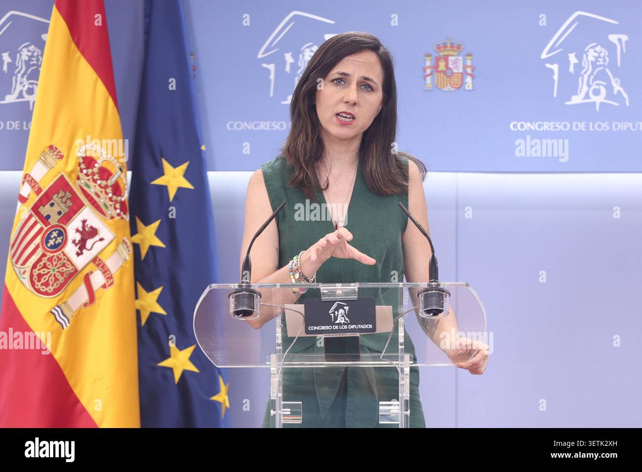 The Secretary-General of Podemos, Ione Belarra, during a press ...