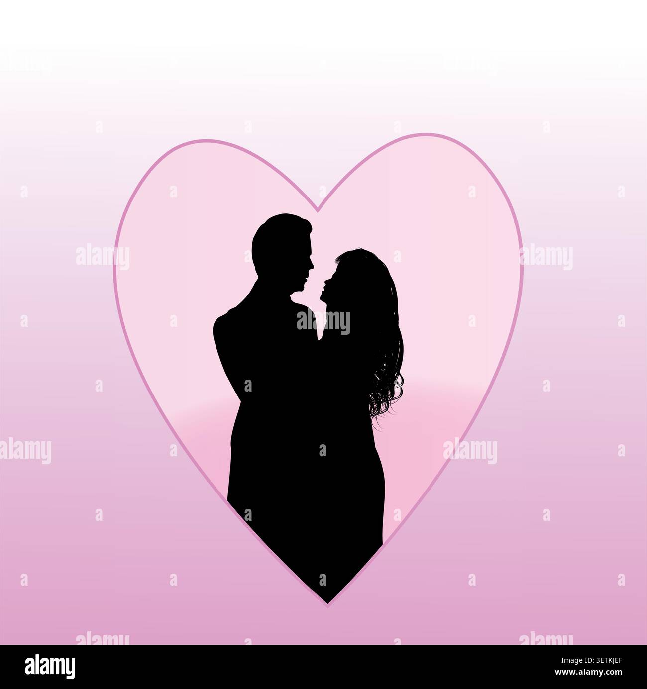 Romantic black silhouette of a couple embraced within a soft pink heart ...