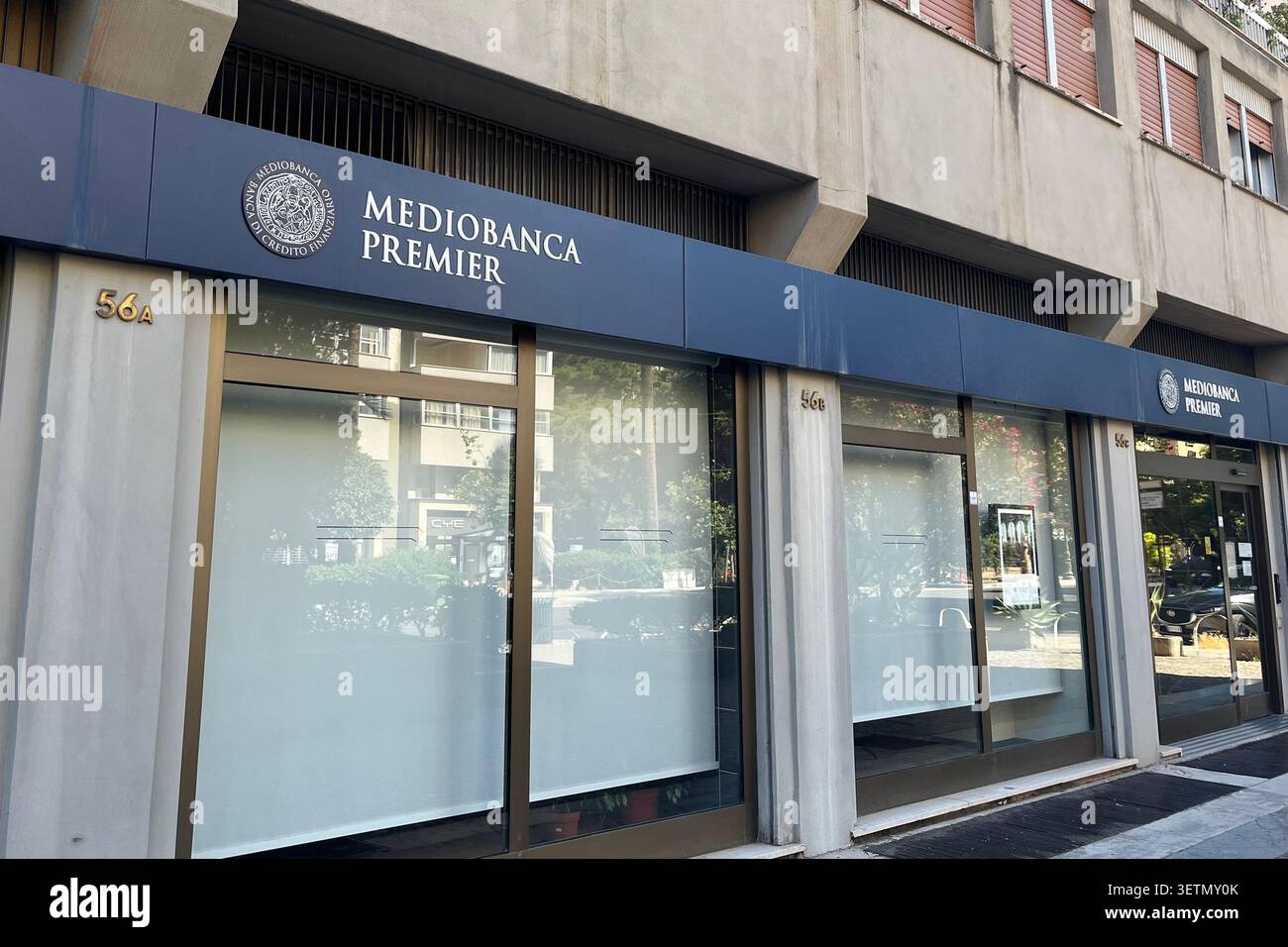 The Mediobanca Premier sign is displayed at a bank branch in Palermo ...