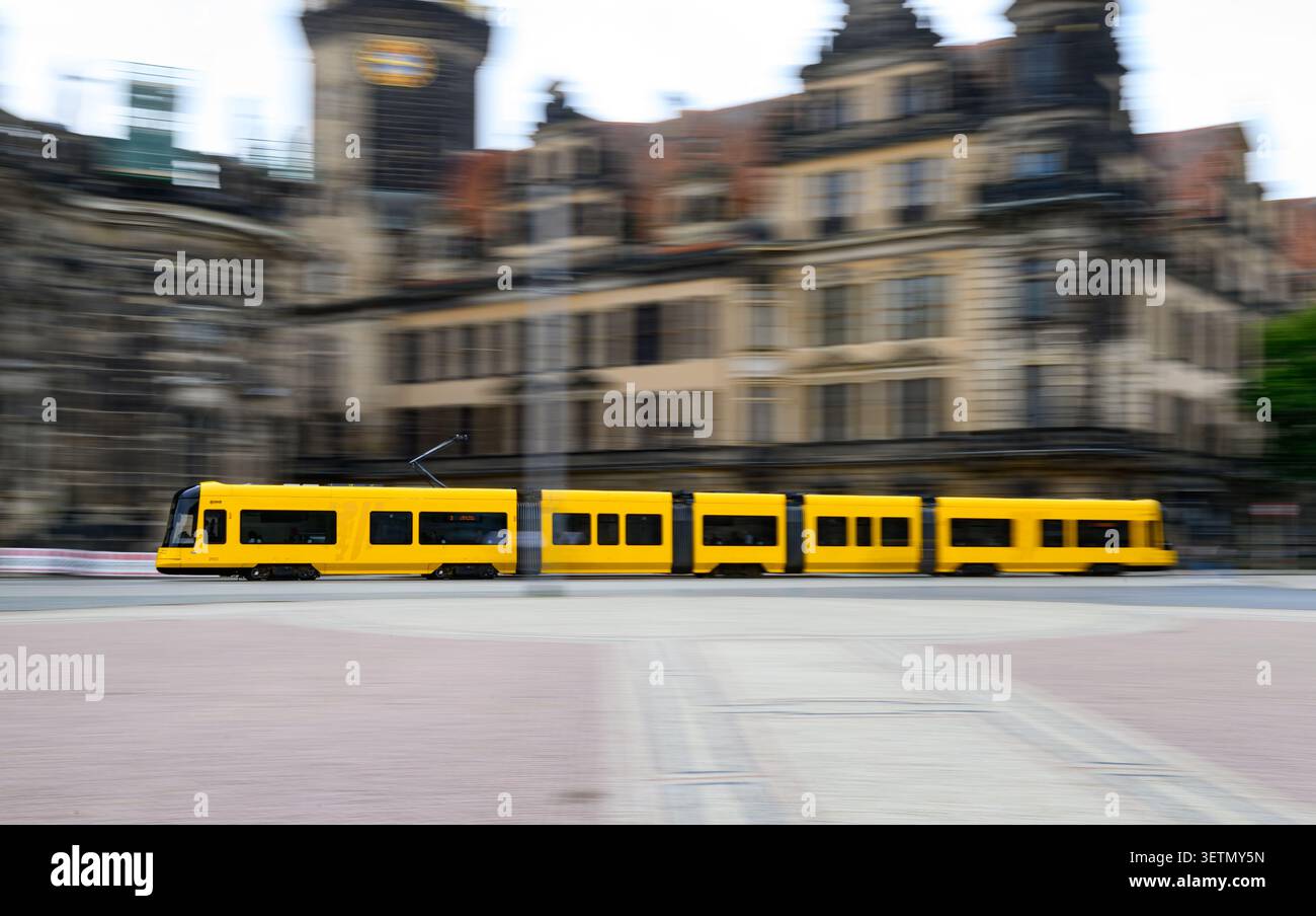 23 June 2026, Saxony, Dresden: A tram operated by Dresdner ...