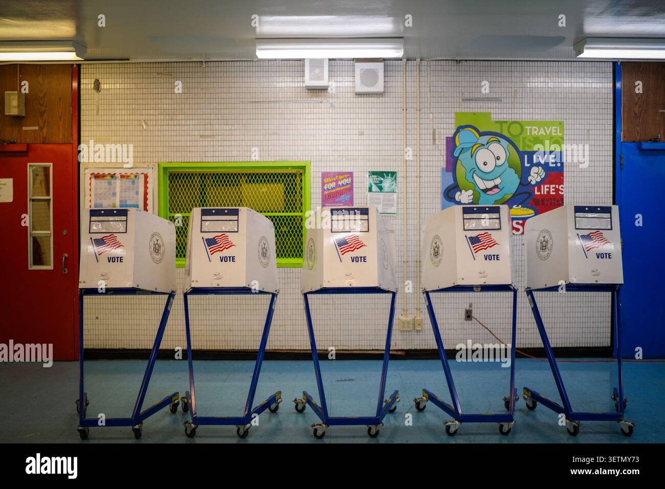 Empty voting booths are seen at a polling station during New York's ...