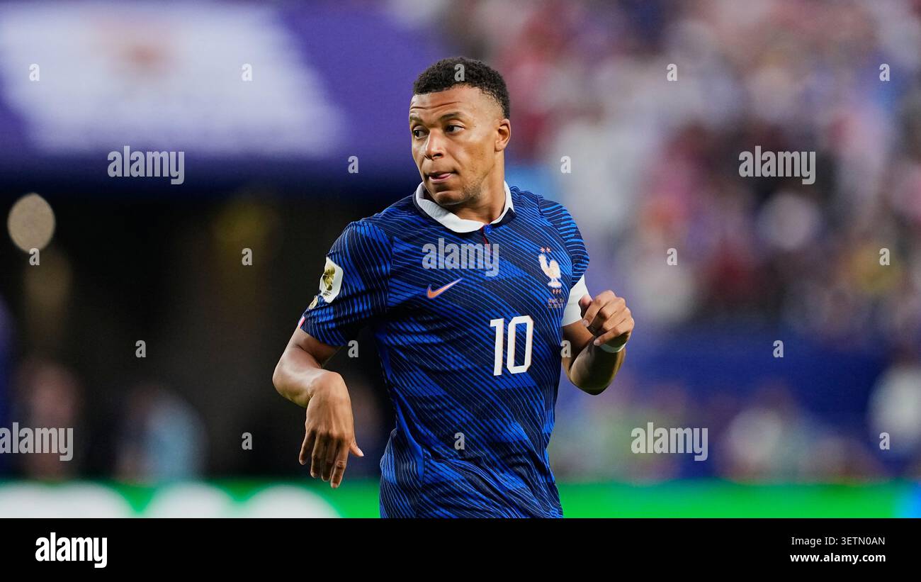 France's Kylian Mbappe (10) runs into position during the World Cup ...