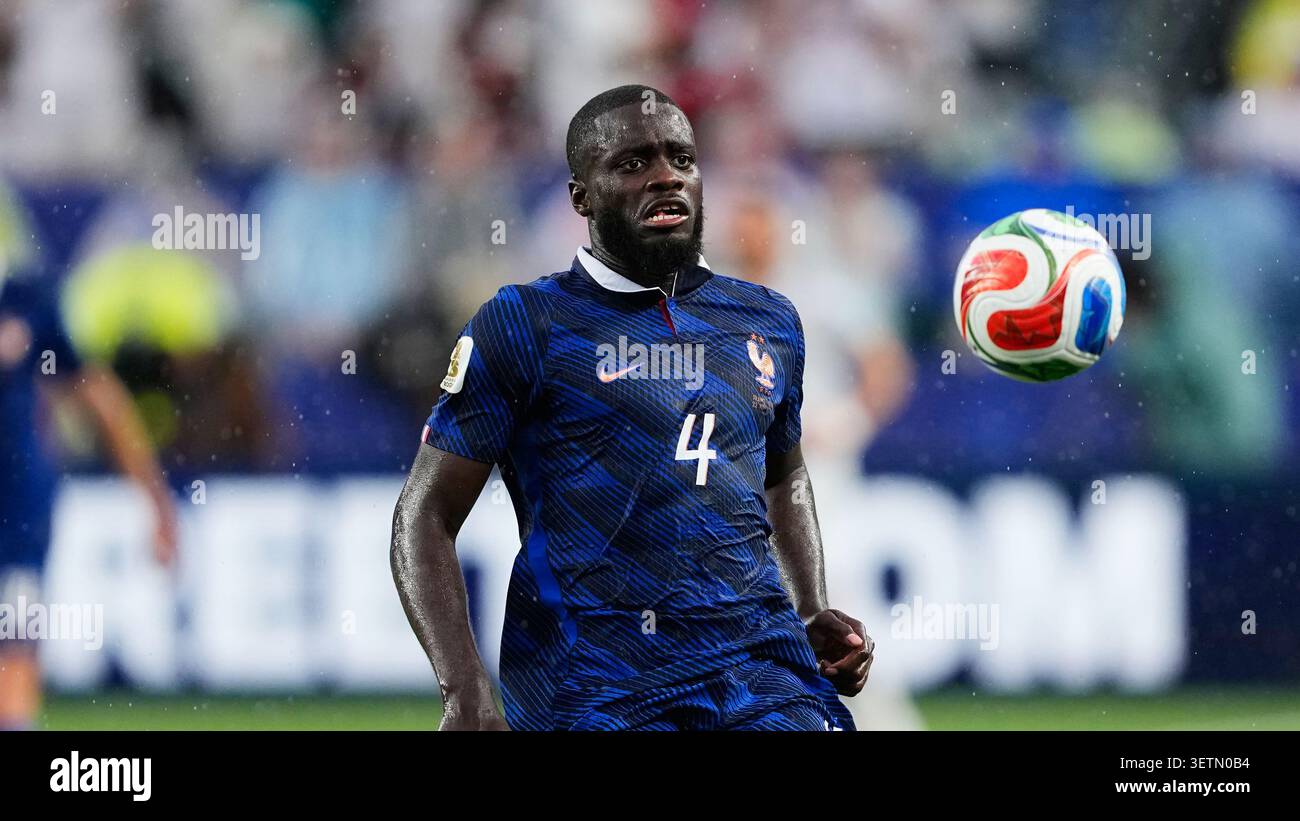France's Dayot Upamecano (4) eyes the ball during the World Cup Group I ...