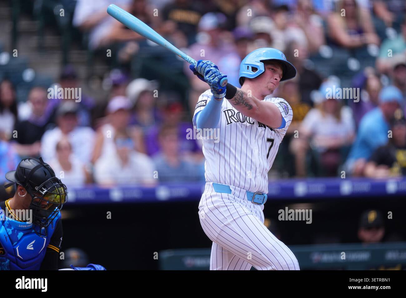 Colorado Rockies first baseman TJ Rumfield (7) in the first inning of a ...