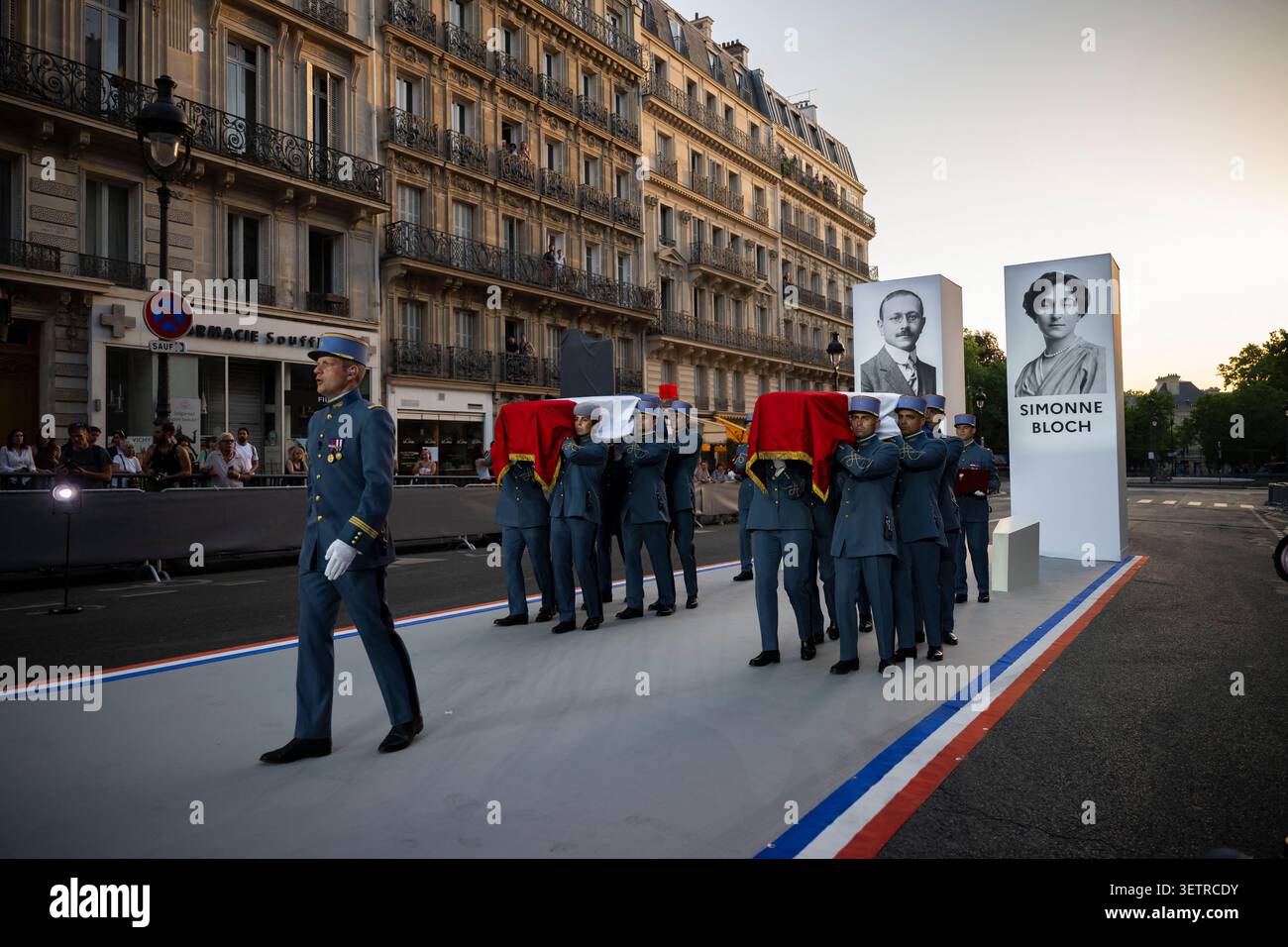 Soldiers carry the cenotaphs of late Marc and Simonne Bloch during ...