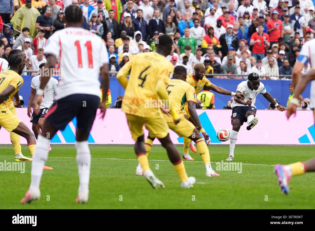 England's Bukayo Saka shoots during the FIFA World Cup match at the ...
