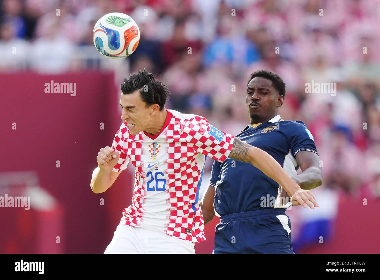 Croatia's Petar Musa (26) heads the ball in front of Panama's Jose ...
