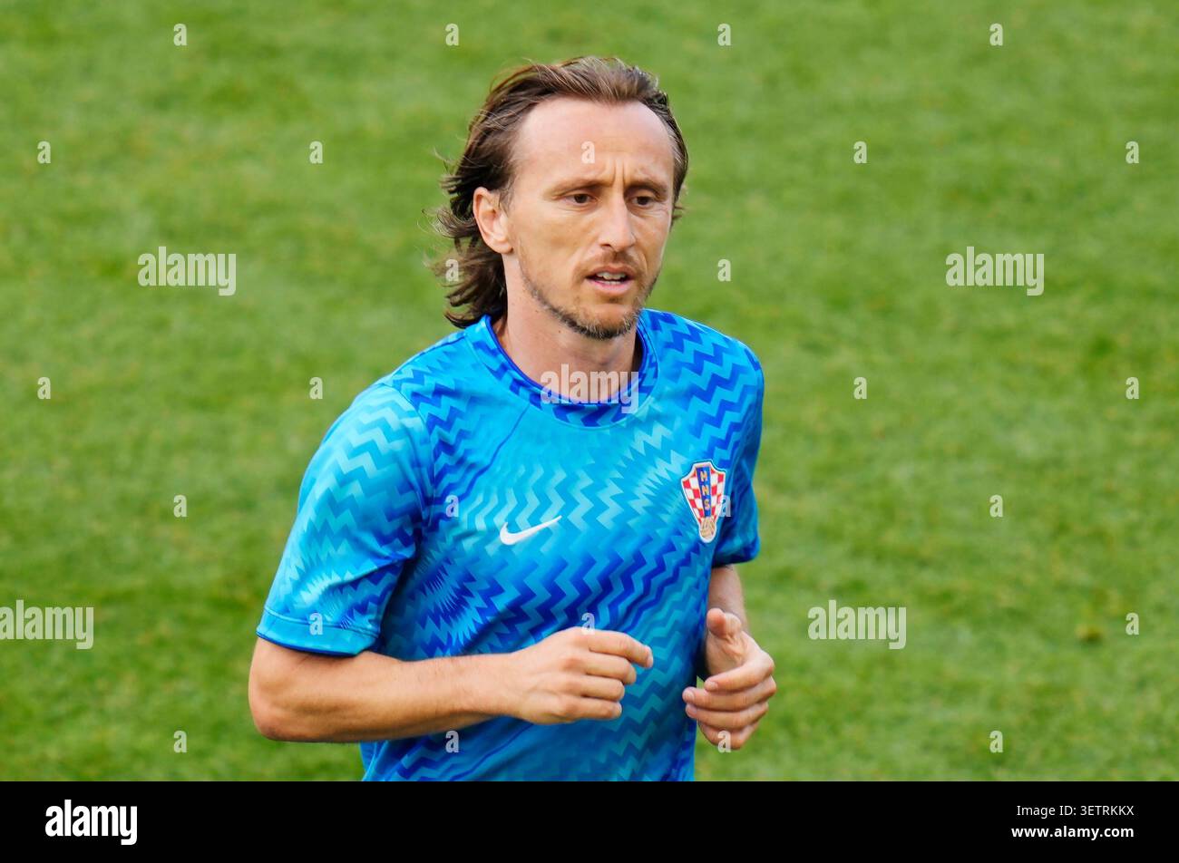 Croatia's Luka Modric (10) leaves the field following warm up for a ...
