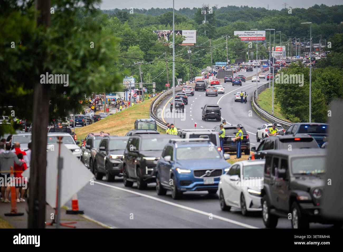 Cars leave the Boston Stadium near Foxborough after England’s FIFA ...