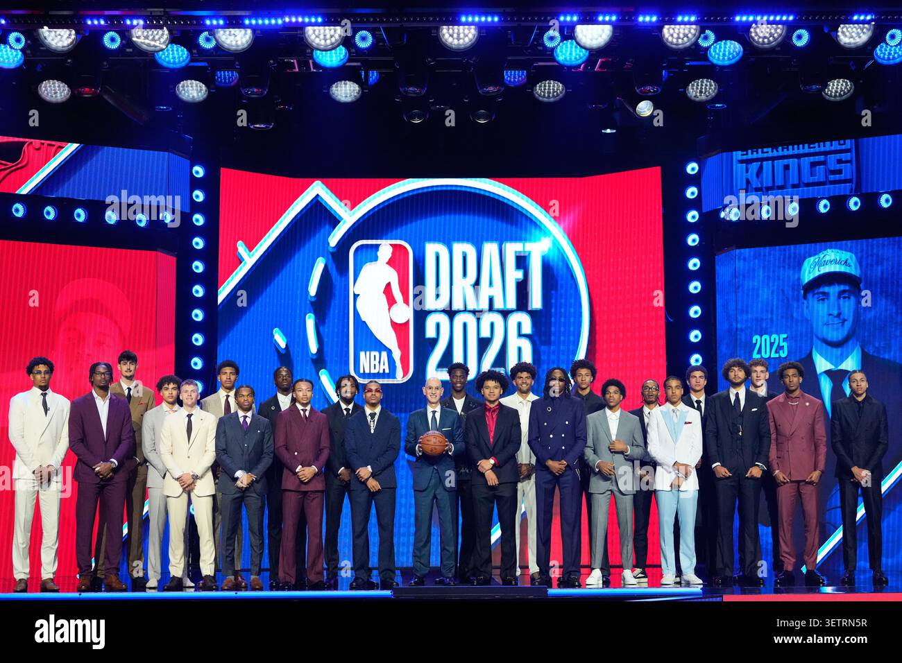 Prospective draftees pose for a group photo with NBA Commissioner Adam ...