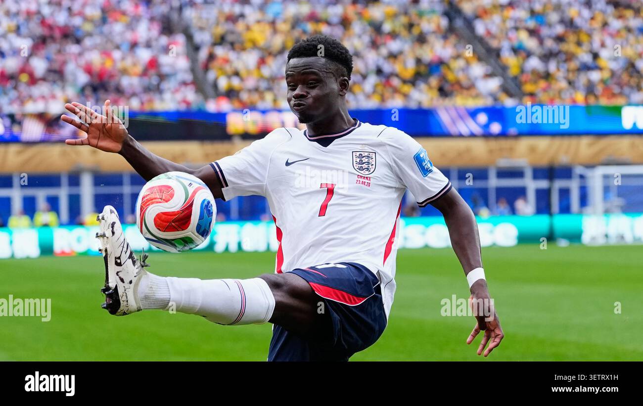 England's Bukayo Saka (7) controls the ball during the World Cup Group ...