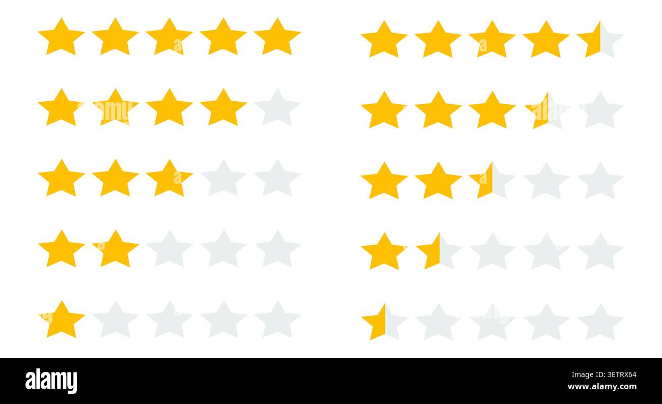 Flat vector layout of yellow and gray star rating icons showing full ...