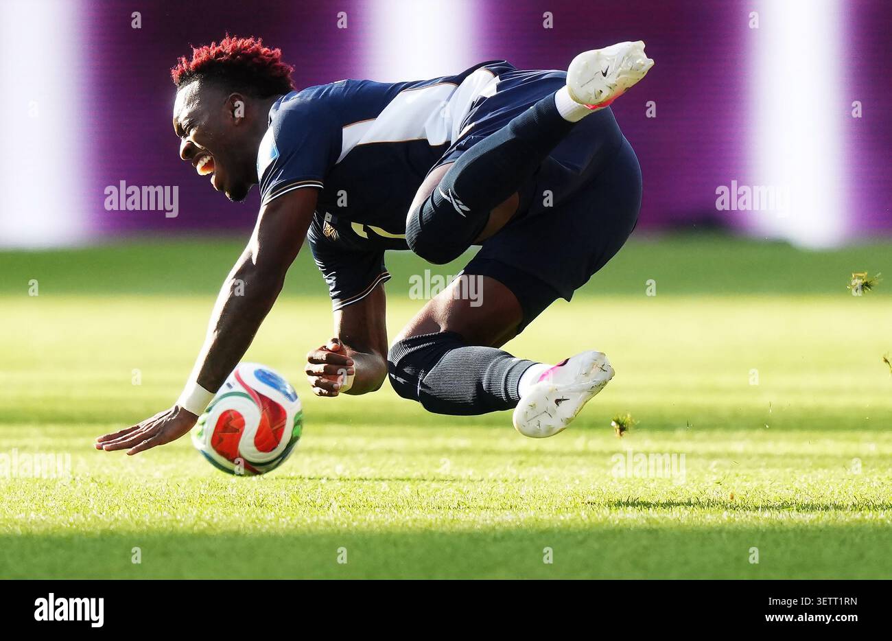 Panama's Jose Luis Rodriguez (7) falls after a challenge from Croatia's ...