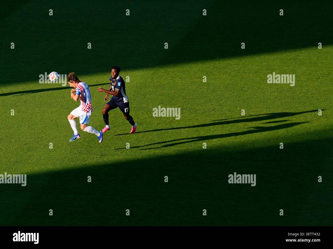 Croatia's Luka Modric, left, heads the ball ahead of Panama's Jose ...
