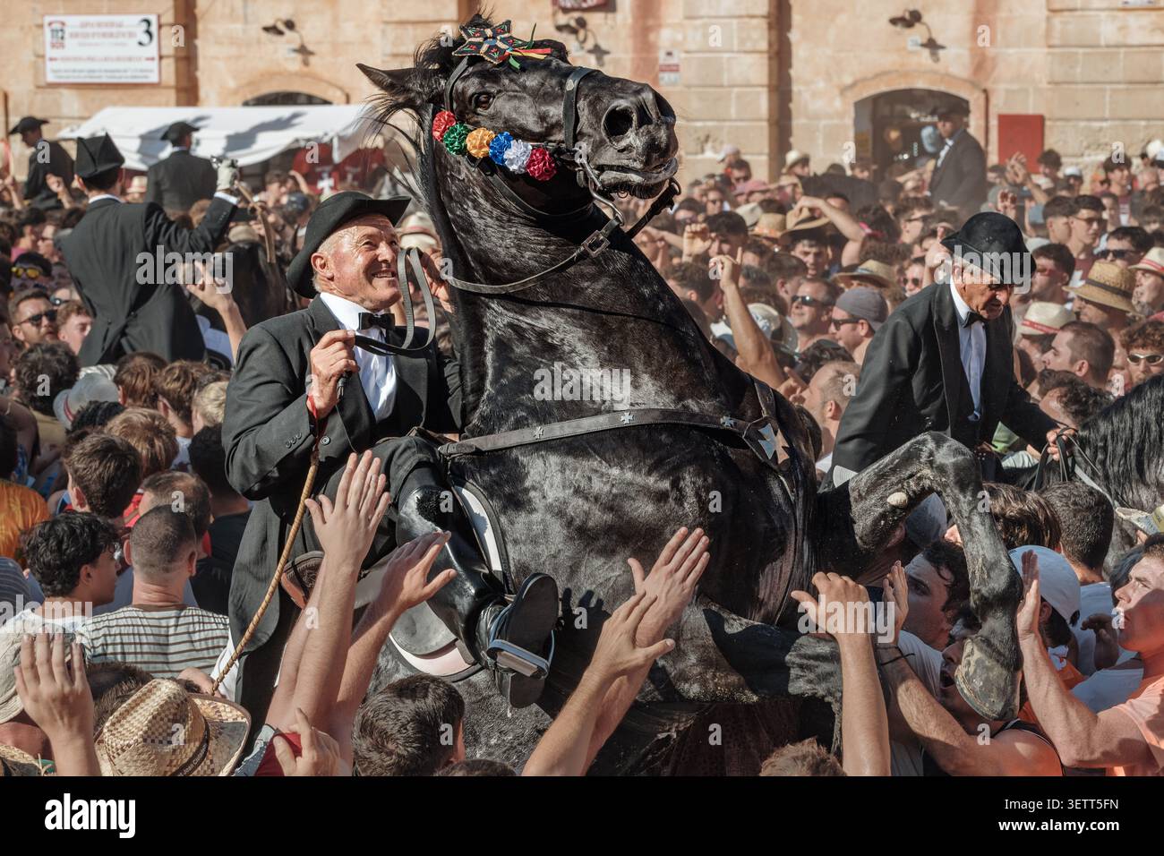 Ciutadella, Spain. 23 June, 2026: A 'caixer' (horse rider) rears up on ...