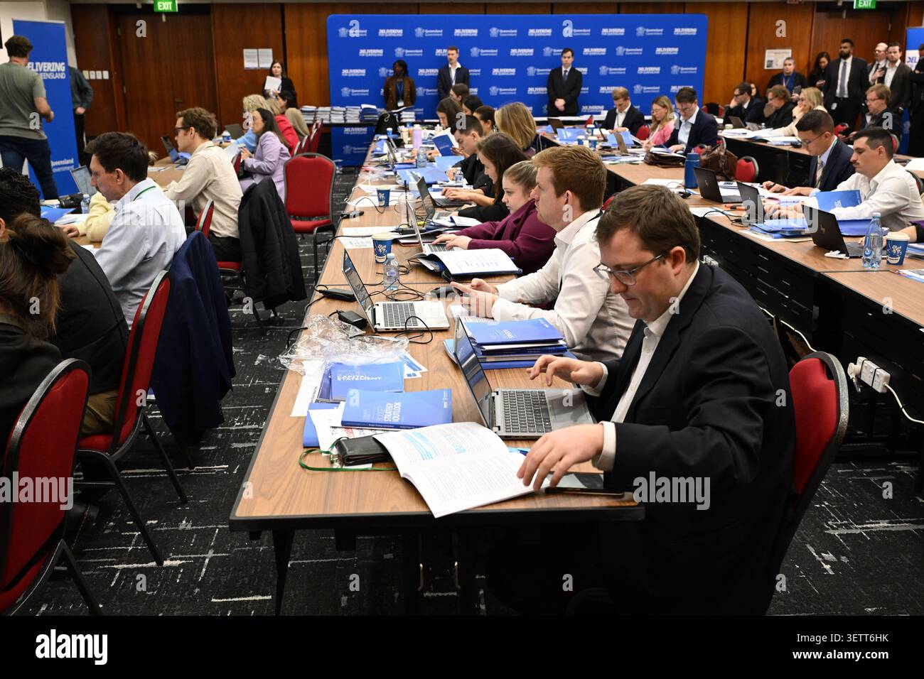 Journalists are seen inside the budget lock-up before the handing down ...