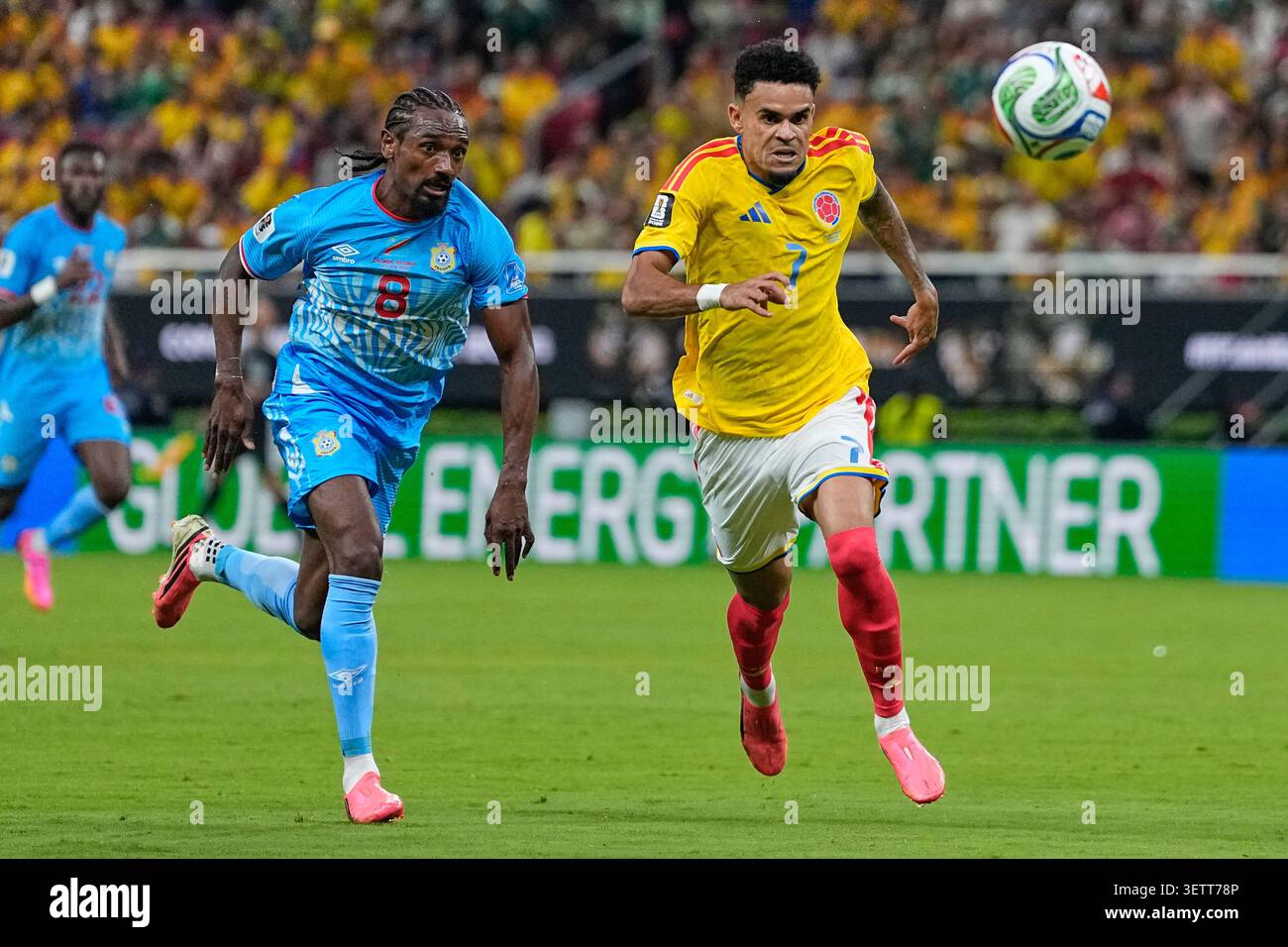 Colombia's Luis Diaz (7) and Congo's Samuel Moutoussamy (8) battle for ...