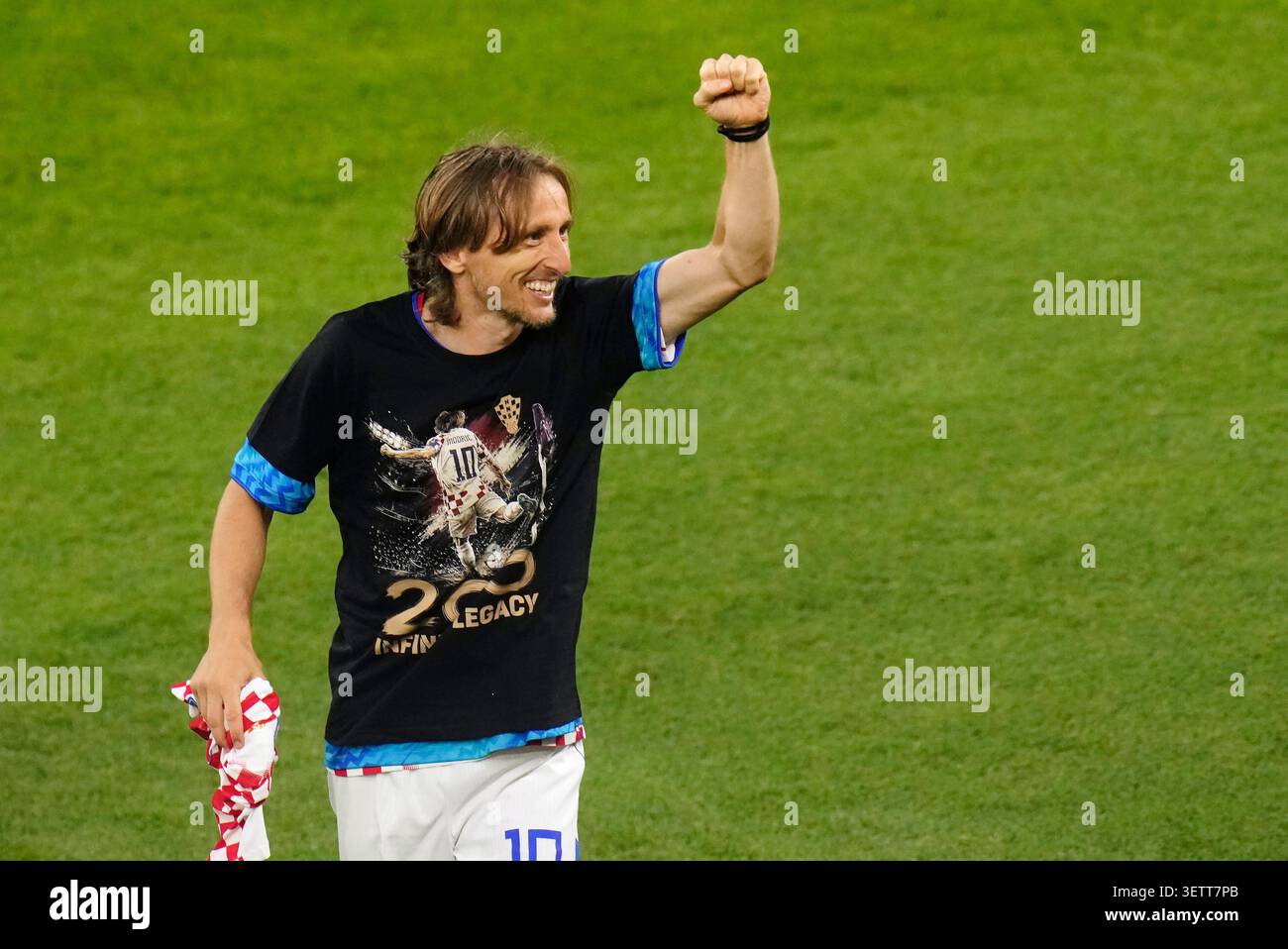 Croatia's Luka Modric wears a shirt honouring his 200th appearance for ...