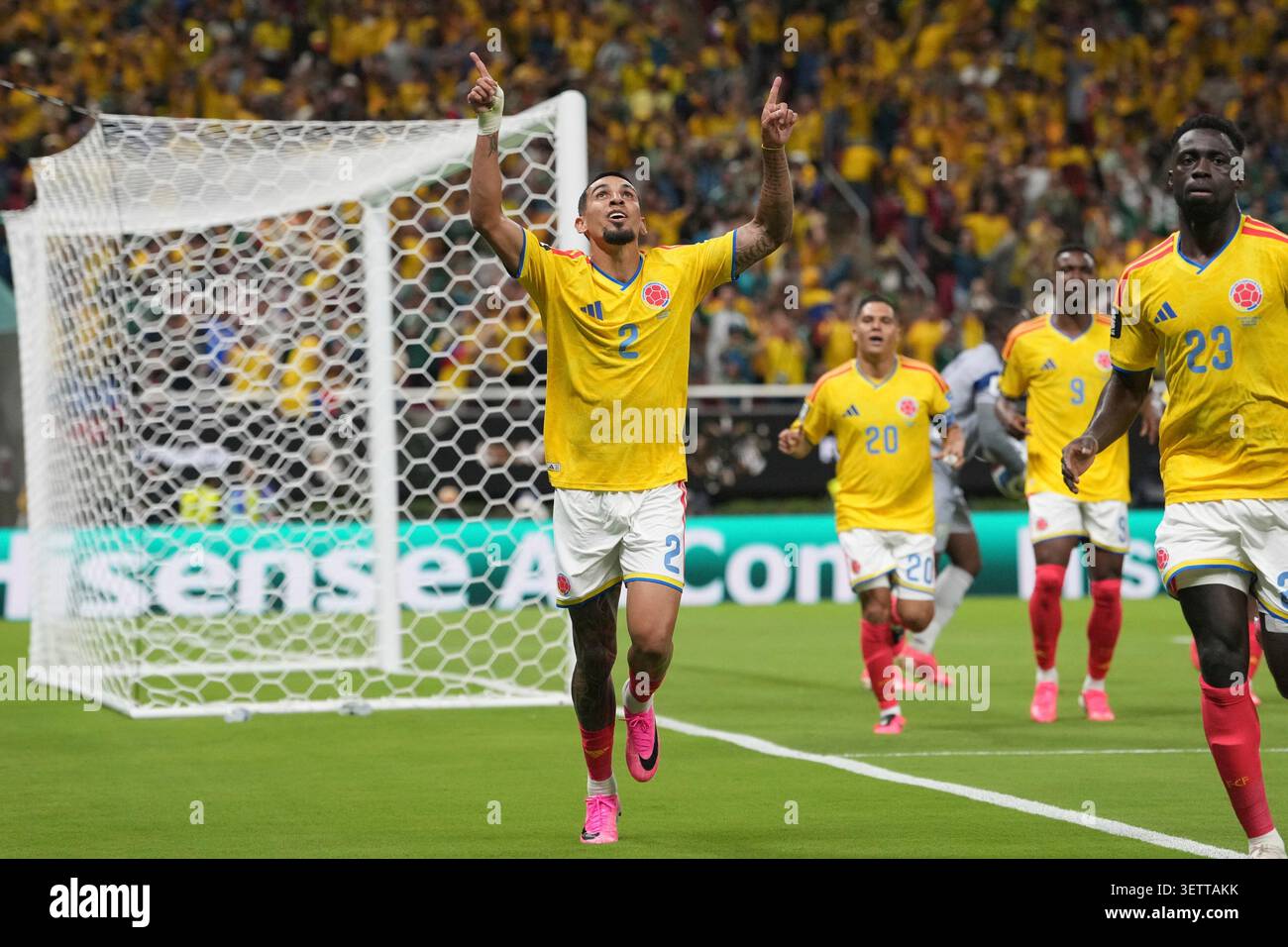 Colombia's Daniel Munoz (2) celebrates after scoring his side's opening ...