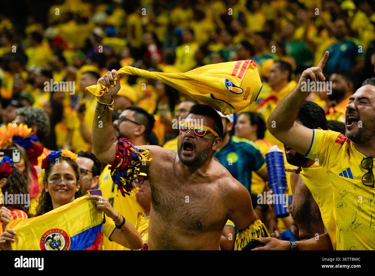 Fans of Colombia cheer at the end of the World Cup Group K soccer match ...