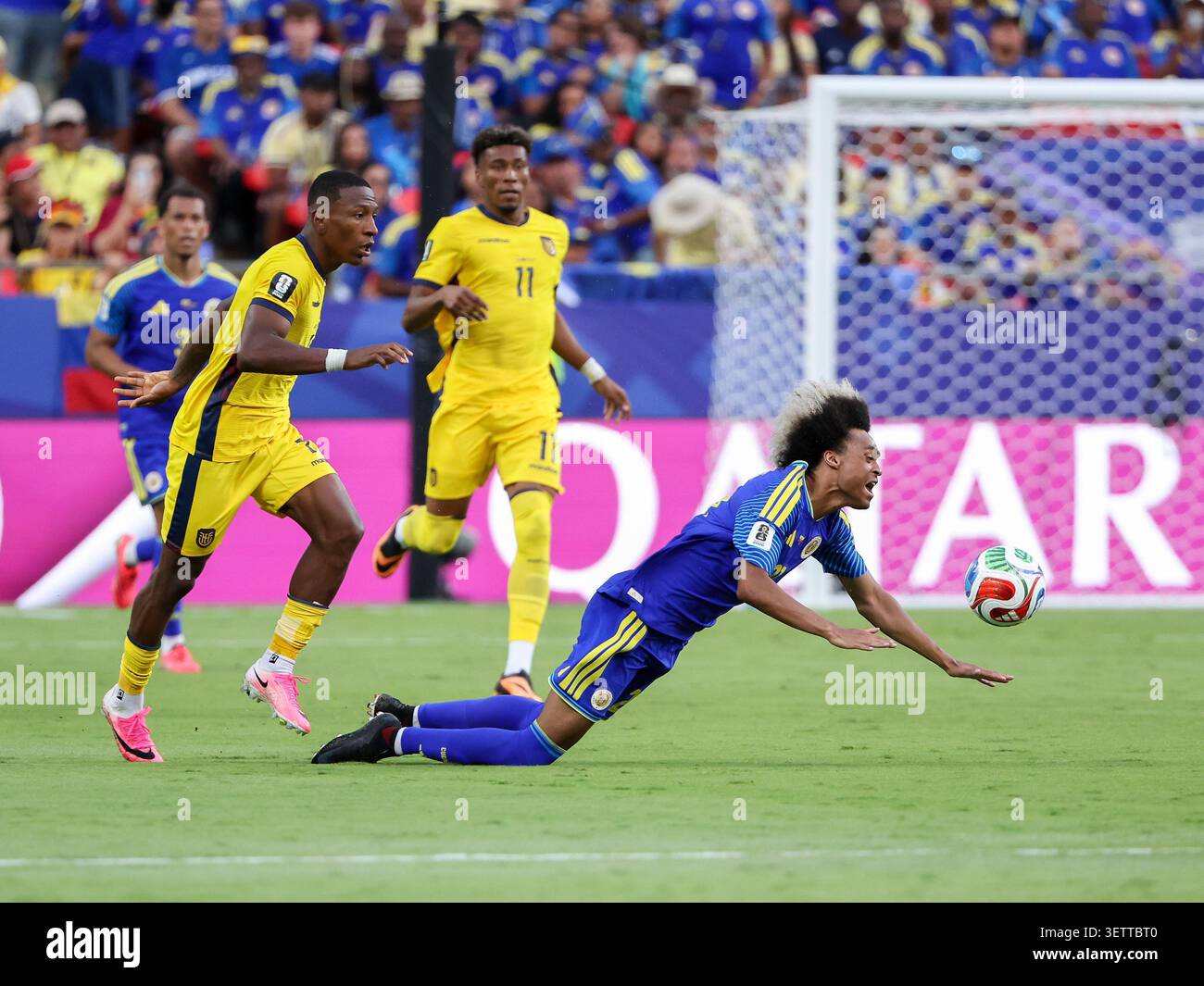 June 20, 2026: CuraÃ§ao midfielder Tahith Chong (21) is tripped up by ...